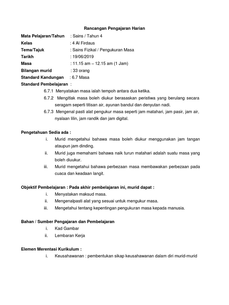 RPH Sains Tahun 4 Pengukuran Masa | PDF