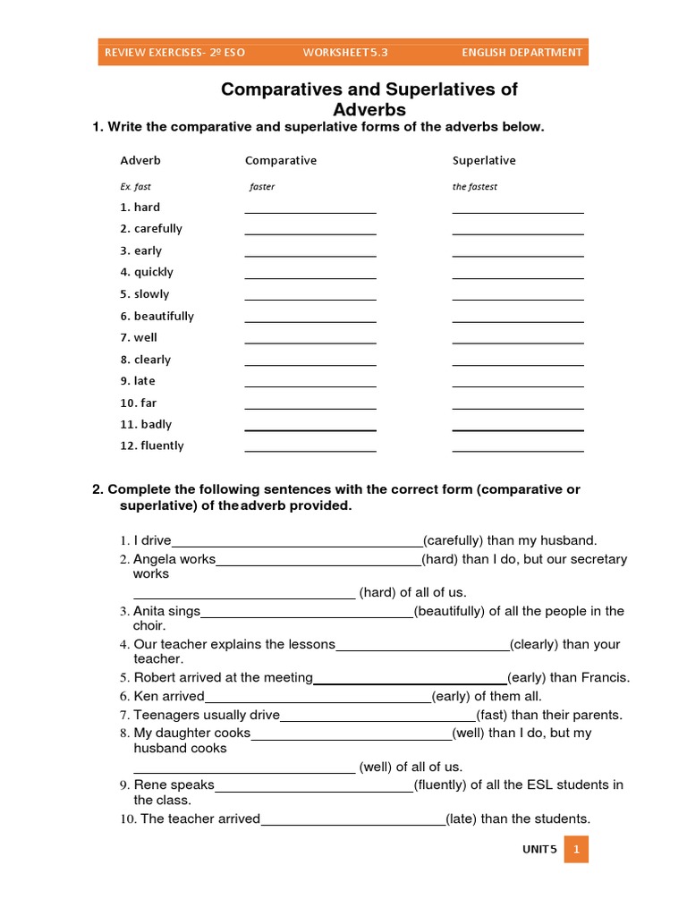 Comparative And Superlative Adjectives And Adverbs Worksheet Pdf