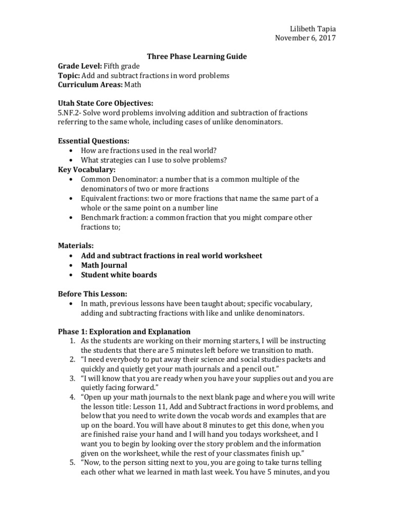 Add and Subtract Fractions Lesson Plan Tapia | PDF | Worksheet ...