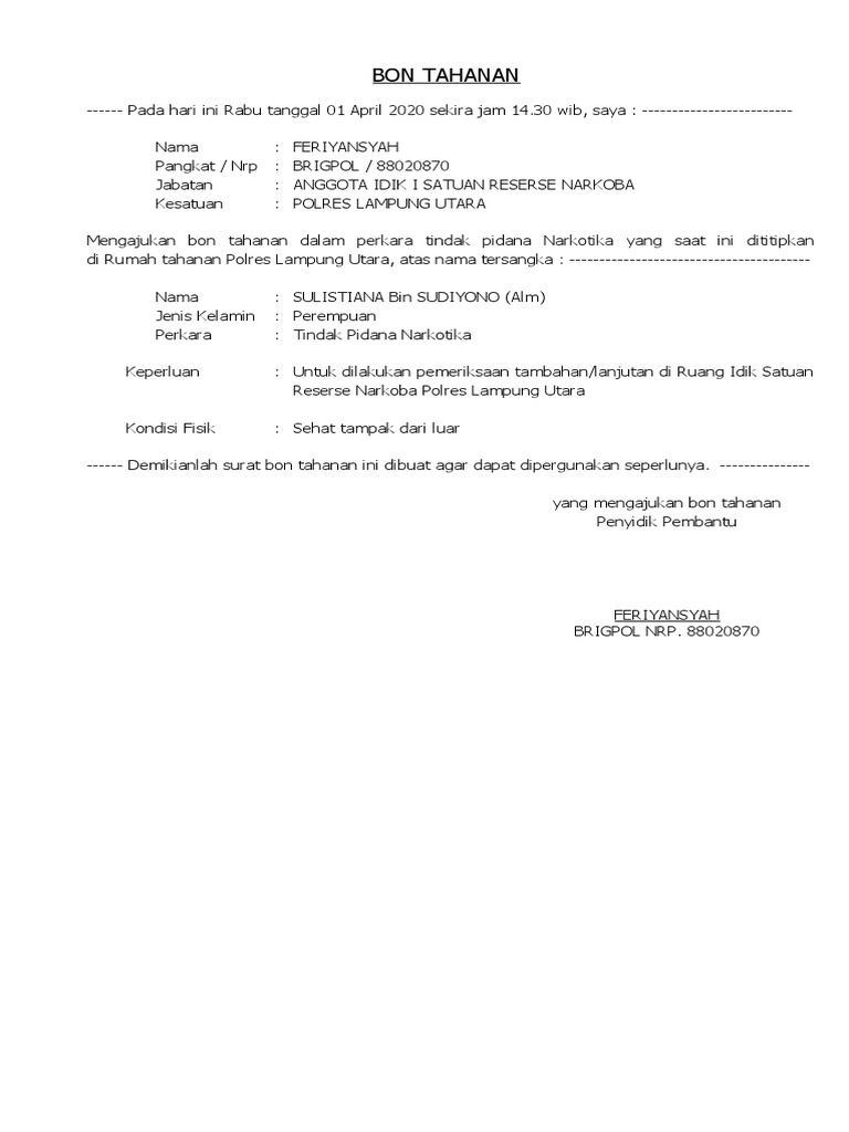 Surat Bon Tahanan Narkotika Polres | PDF
