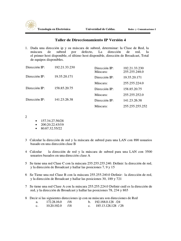 Taller de Direccionamiento Ip | PDF | Dirección IP | Protocolos de capa de red
