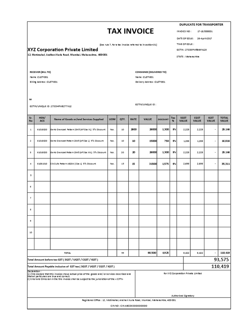 GST Invoice Format For Goods in Excel | PDF | Payments | Government ...