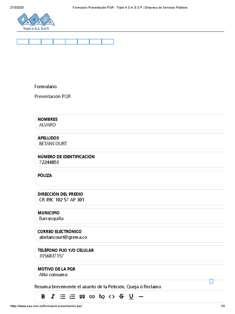 Formulario Presentación PQR - Triple A S.A. E.S.P. - Empresa de ...