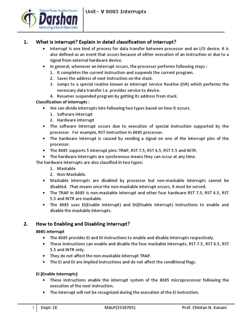 8085 Microprocessor Interrupts Explained | PDF | Electronic Engineering | Information Technology