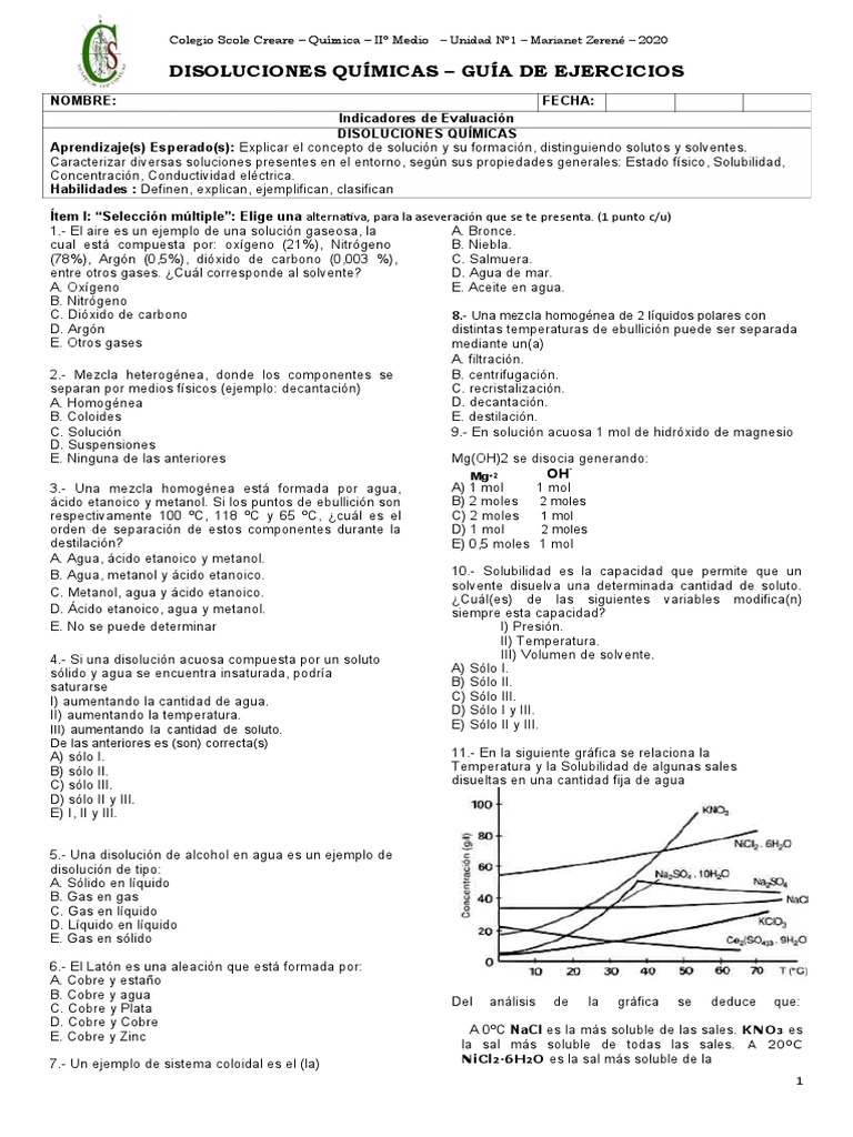 Guía de Ejercicios de Disoluciones Químicas | PDF | Solubilidad | Mezcla