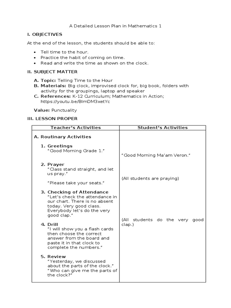 Detailed Lesson Plan in Mathematics 1 | PDF | Clock | Teaching