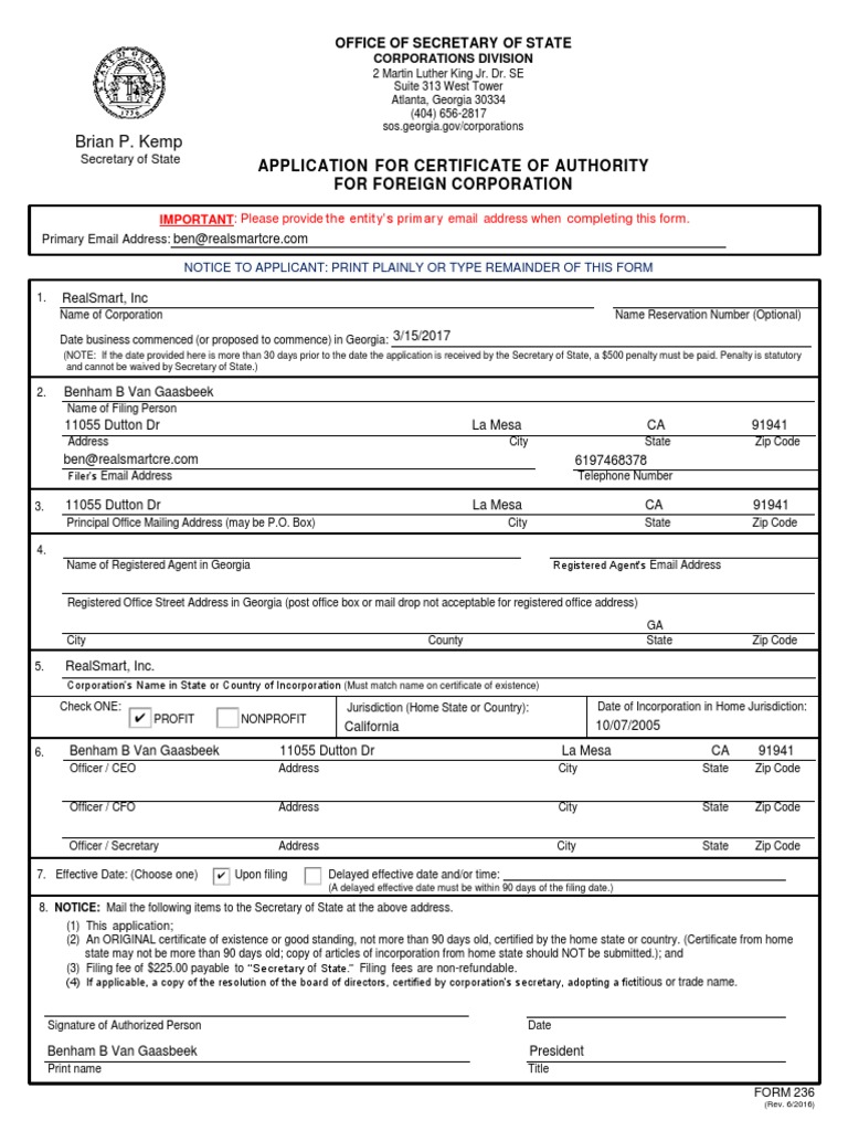 Application - Certificate of Authority For Corporation PDF | PDF | Registered Agent | Zip Code