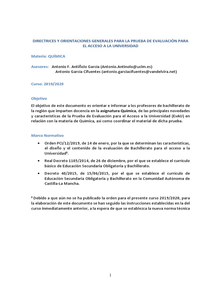 DIRECTRICES Y ORIENTACIONES GENERALES Quimica 2019 PDF | PDF ...