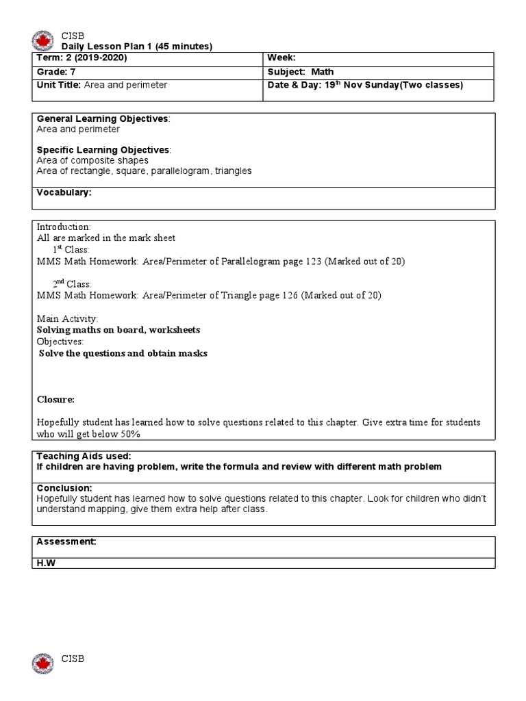 Seventh Grade Math Lesson Plans on Area and Perimeter of Composite ...