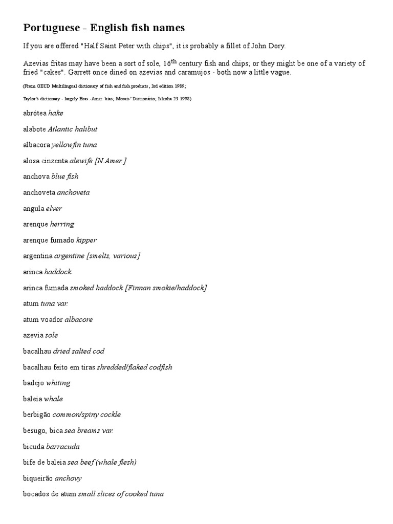 Portuguese Fish Names and Translations | PDF | Fishing Industry ...