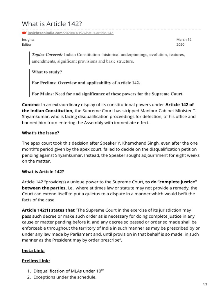 Understanding Article 142 of the Constitution | PDF | Supreme Court Of ...