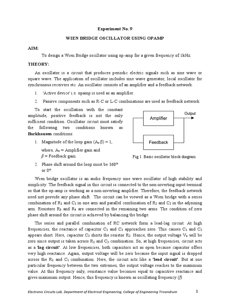 09-Wien Bridge Oscillator Using OpAmp PDF | PDF | Electronic Oscillator ...