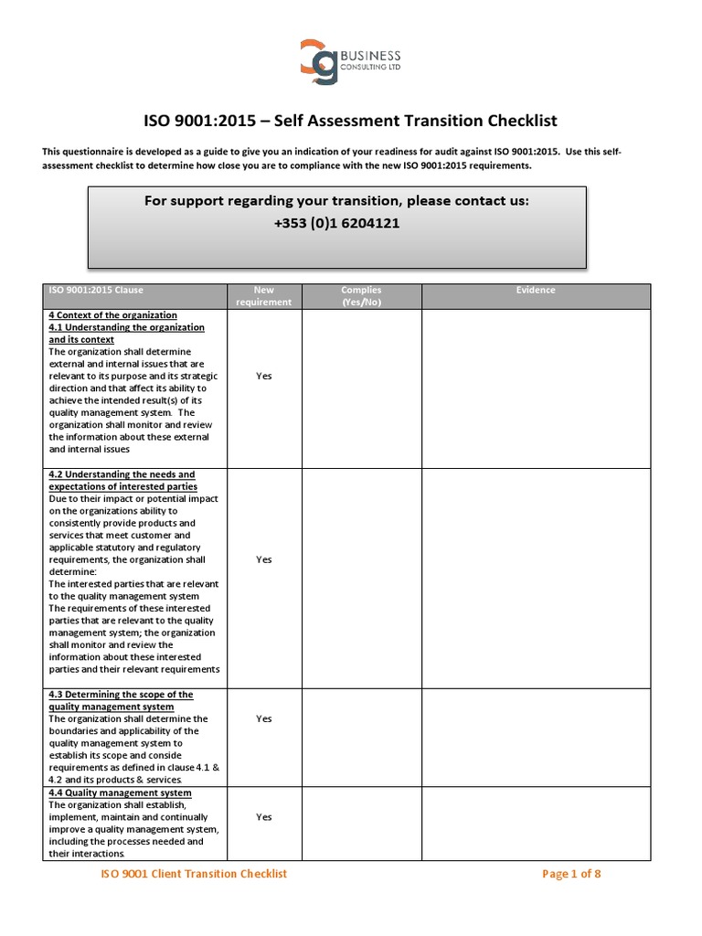 ISO 9001 2015 Self Assessment Transition Checklist | PDF | Quality ...