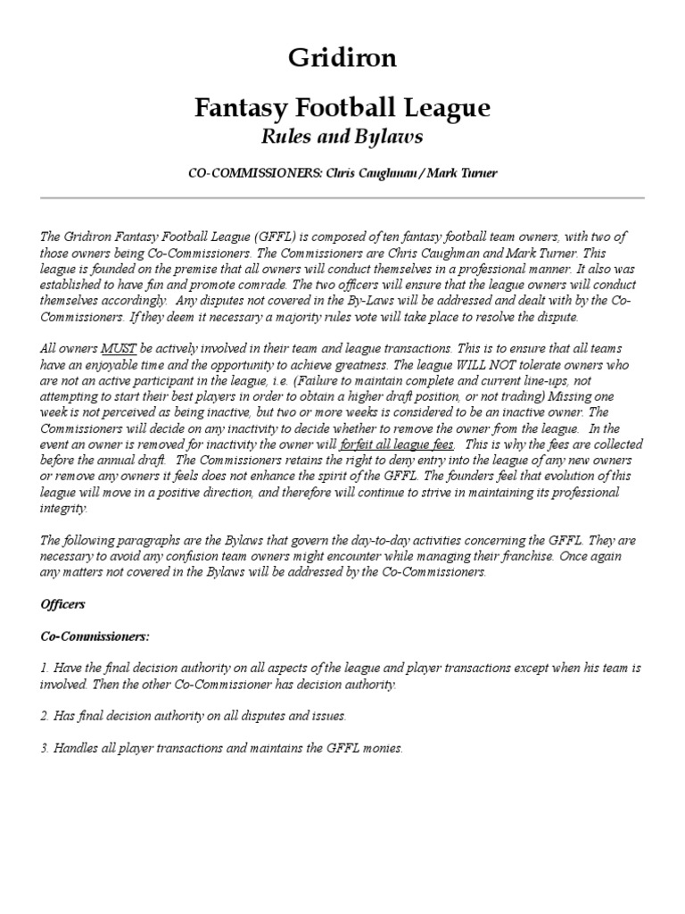 Gridiron Fantasy Football League: Rules and Bylaws | PDF | Team Sports ...