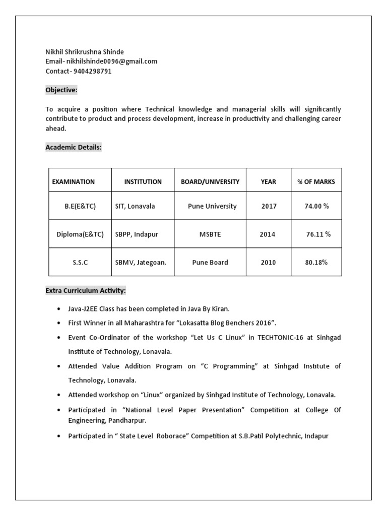 Nikhil Shinde Resume | PDF | Java (Programming Language) | Computer Architecture
