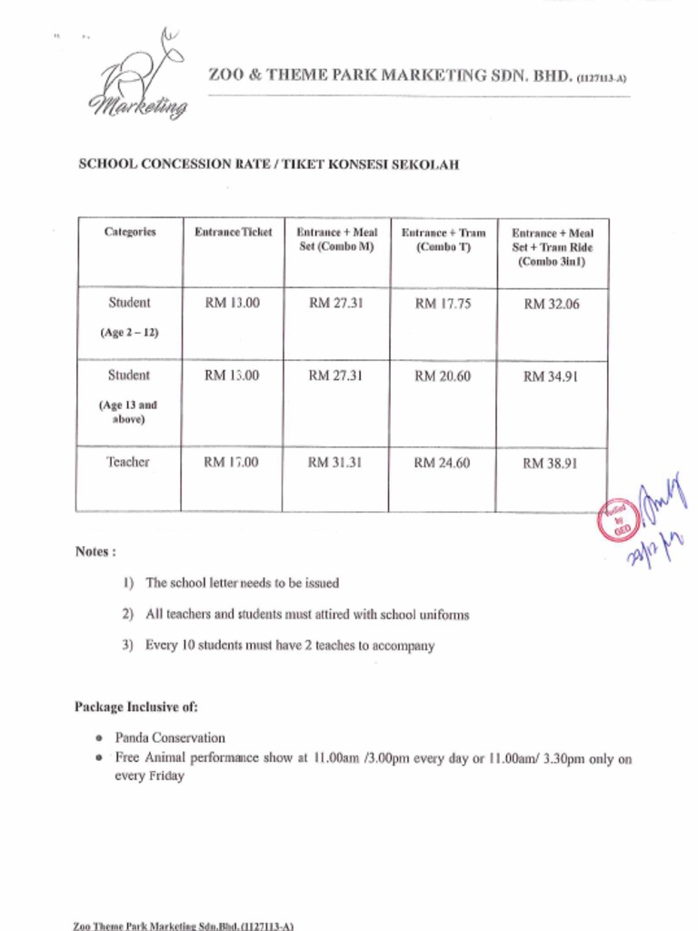 School Concession Rate For Visting Zoo Negara | PDF