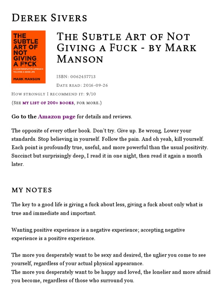 The Subtle Art of Not Giving a Fuck book review and key lessons | PDF ...