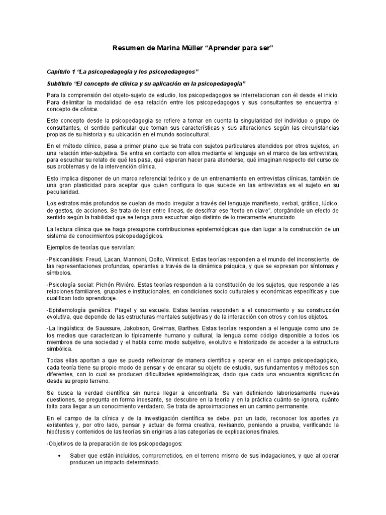 Resumen Capitulo I y Iii Marina Muller Aprender para Ser | PDF | Teoría | Mente inconsciente