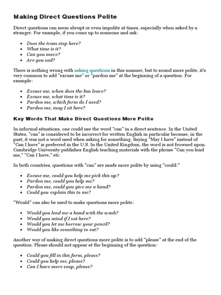 Polite Questions | PDF | Question | Subject (Grammar)