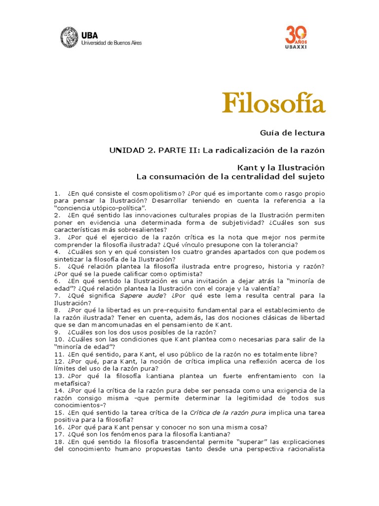Guía de Lectura - Unidad 2 Parte II. Kant y La Ilustración. | Descargar gratis PDF | Crítica de ...