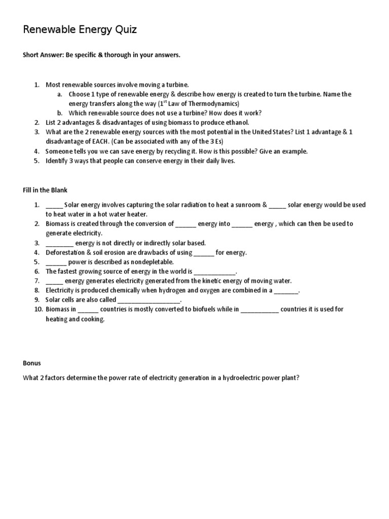 Renewable Energy Online Quiz | PDF