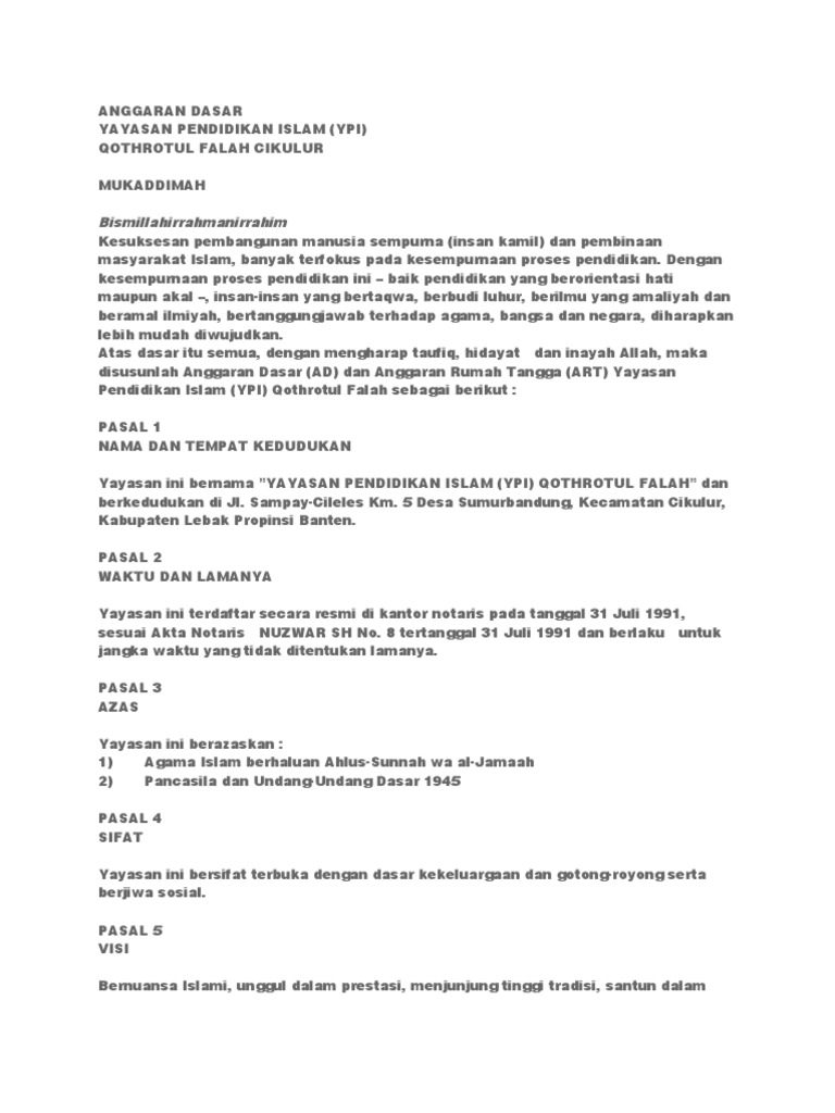 Contoh Anggaran Dasar Yayasan | PDF