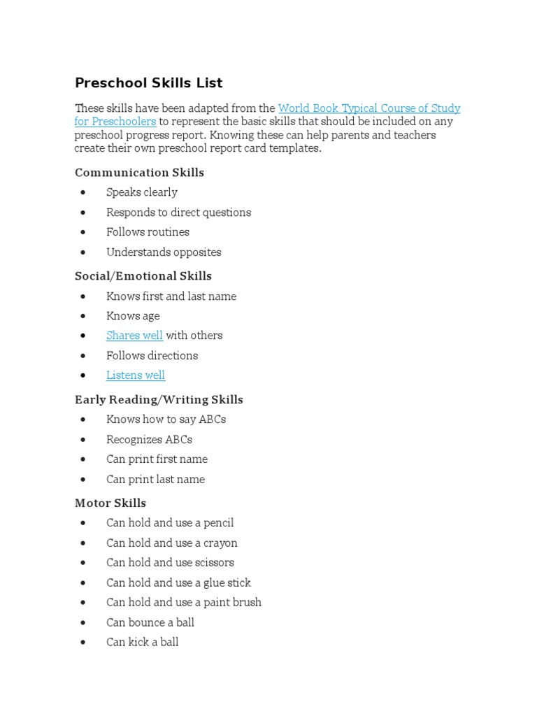 Preschool Skills List | PDF | Preschool | Concept