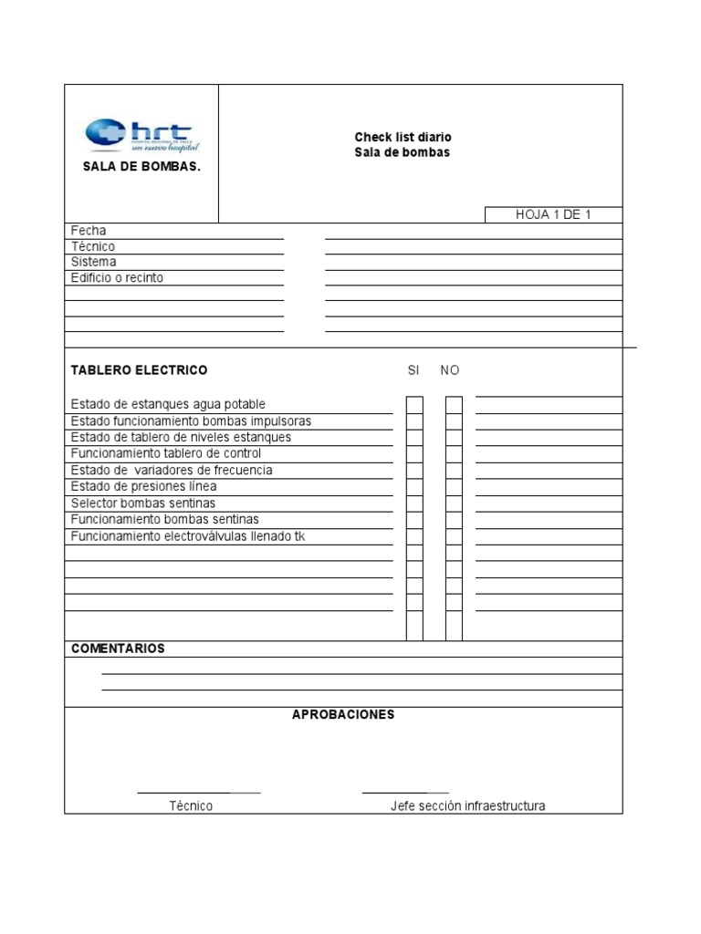 Checklist diario de la sala de bombas: Estado y funcionamiento del ...