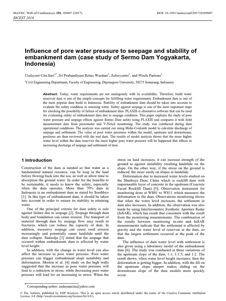 Influence of Pore Water Pressure To Seepage and Stability of Embankment Dam (Case Study of Sermo ...