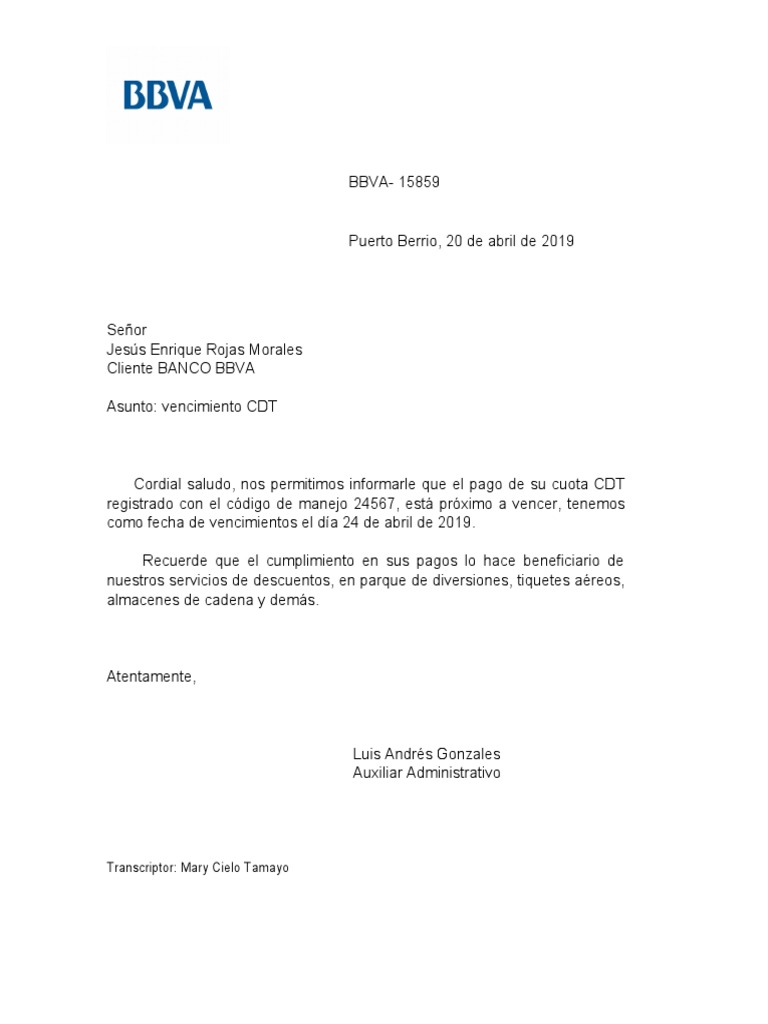 Carta Banco BBVA | PDF