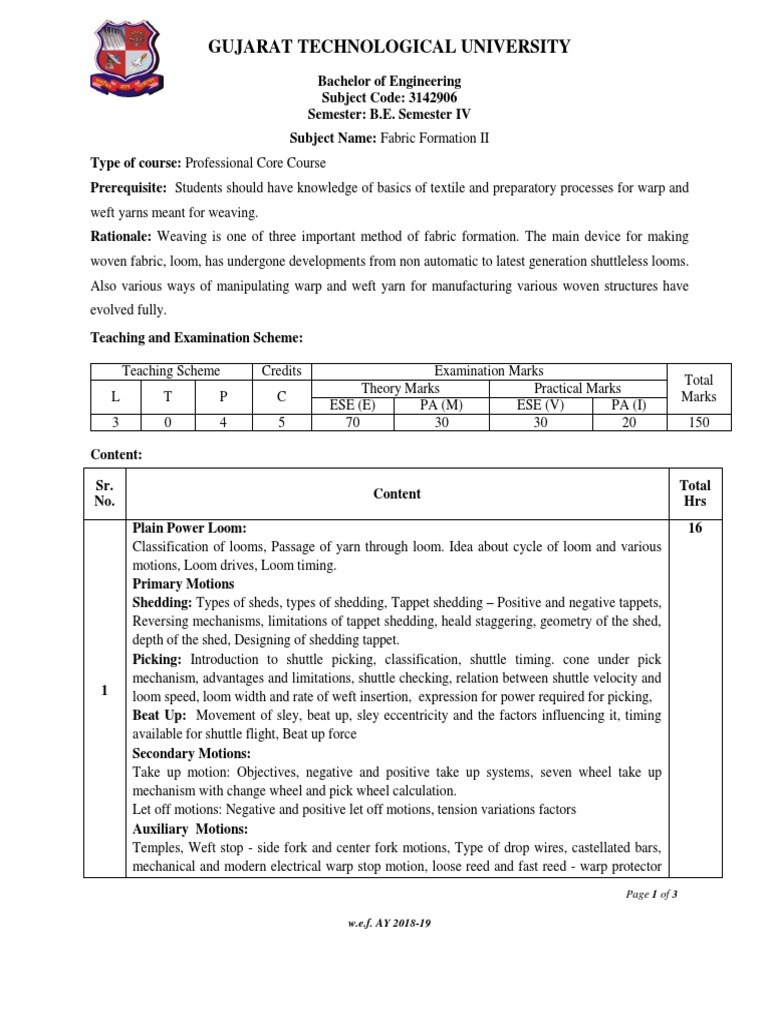 Fabric Formation II Syllabus Overview | PDF | Loom | Weaving