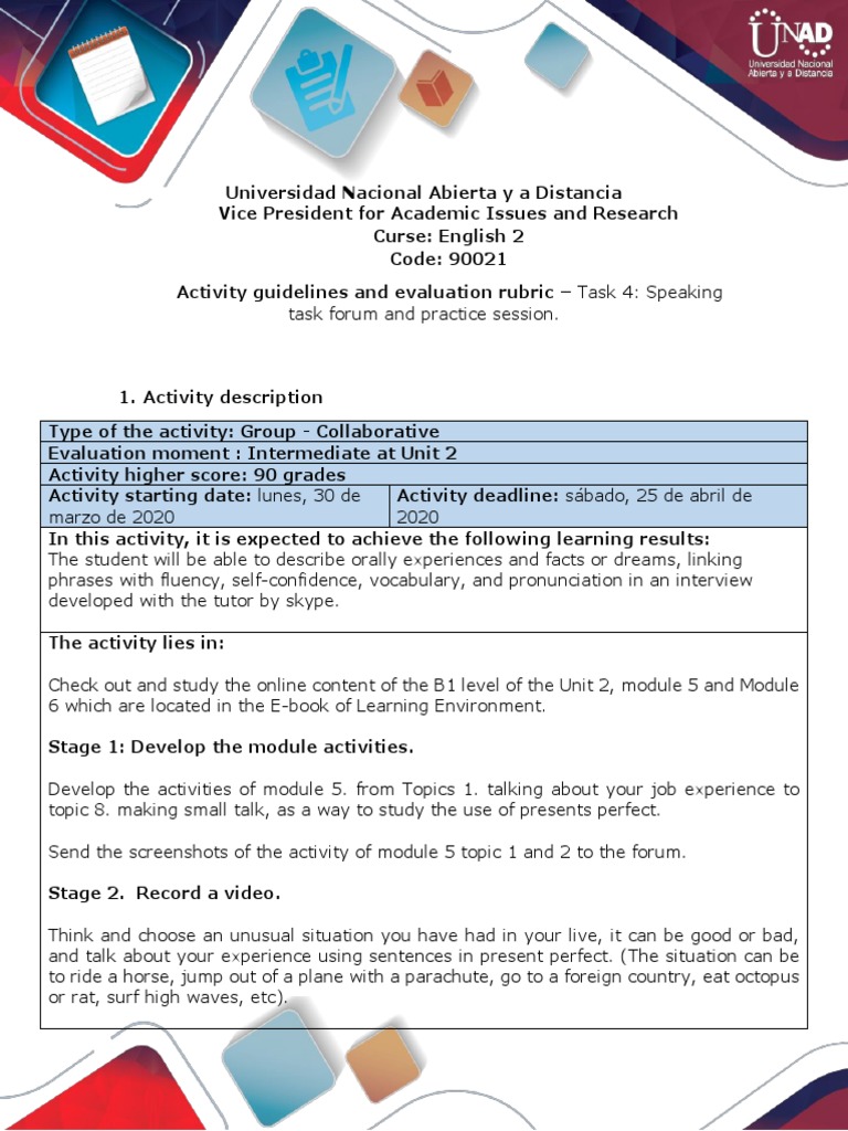 Activity Guide and Evaluation Rubric Unit 2 - Task 4 - Speaking Task and Practice Session PDF ...