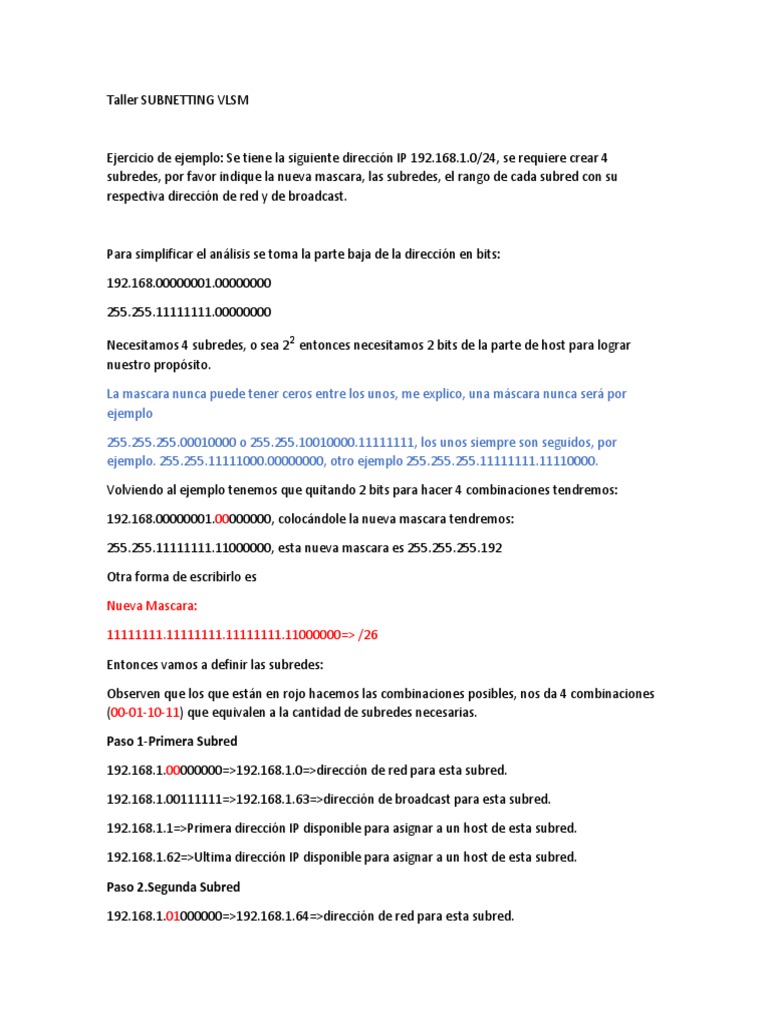 Taller SUBNETTING VLSM PDF | PDF | Dirección IP | Arquitectura de Computadores