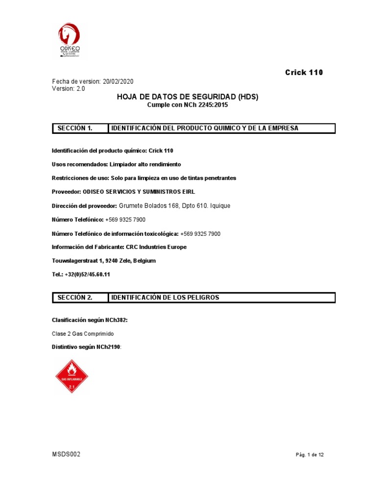 Hoja de Datos de Seguridad Crick 110 | PDF | Toxicidad | Aerosol