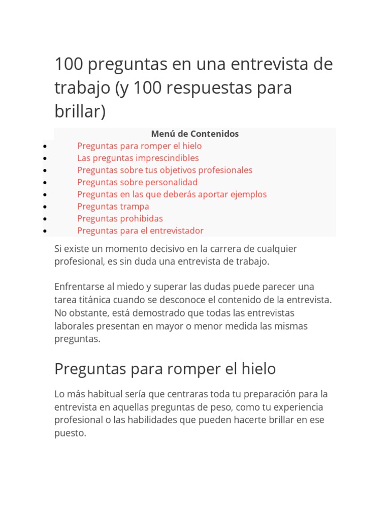 100 Preguntas en Una Entrevista de Trabajo | PDF | Entrevista de ...