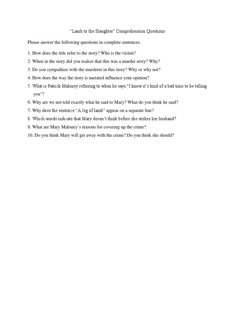 "Lamb to the Slaughter: Comprehension Questions" | PDF | Self ...