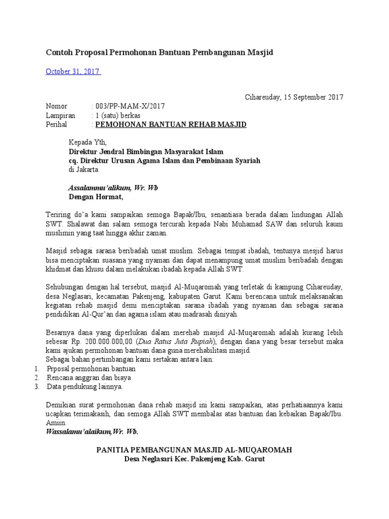 Contoh Proposal Permohonan Bantuan Pembangunan Masjid | PDF