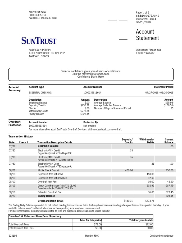 Suntrust Statement Template PDF | PDF | Overdraft | Financial Transaction
