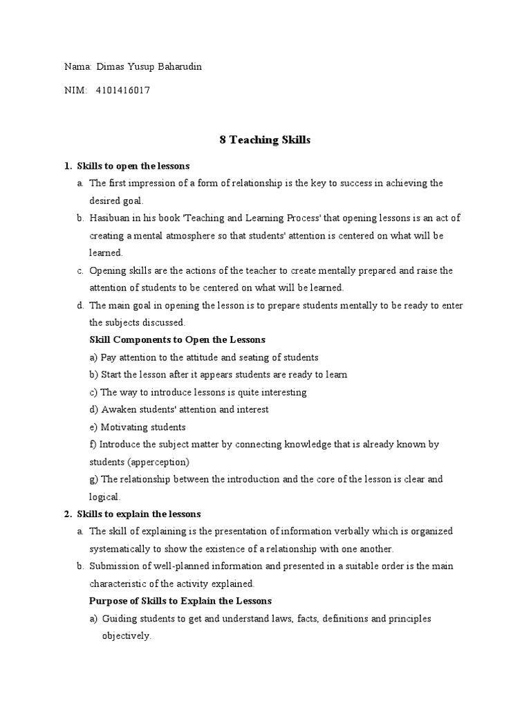 8 Teaching Skills | PDF | Classroom Management | Teachers