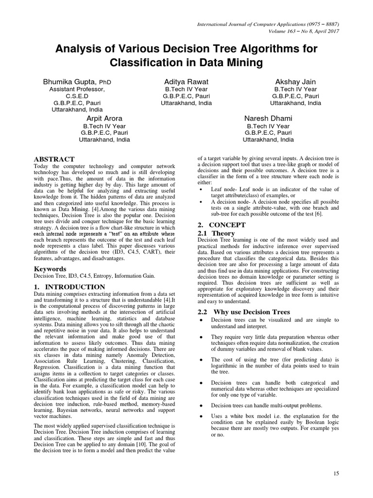 Analysis Of Various Decision Tree Algorithms For Classification In Data Mining Pdf Pdf 