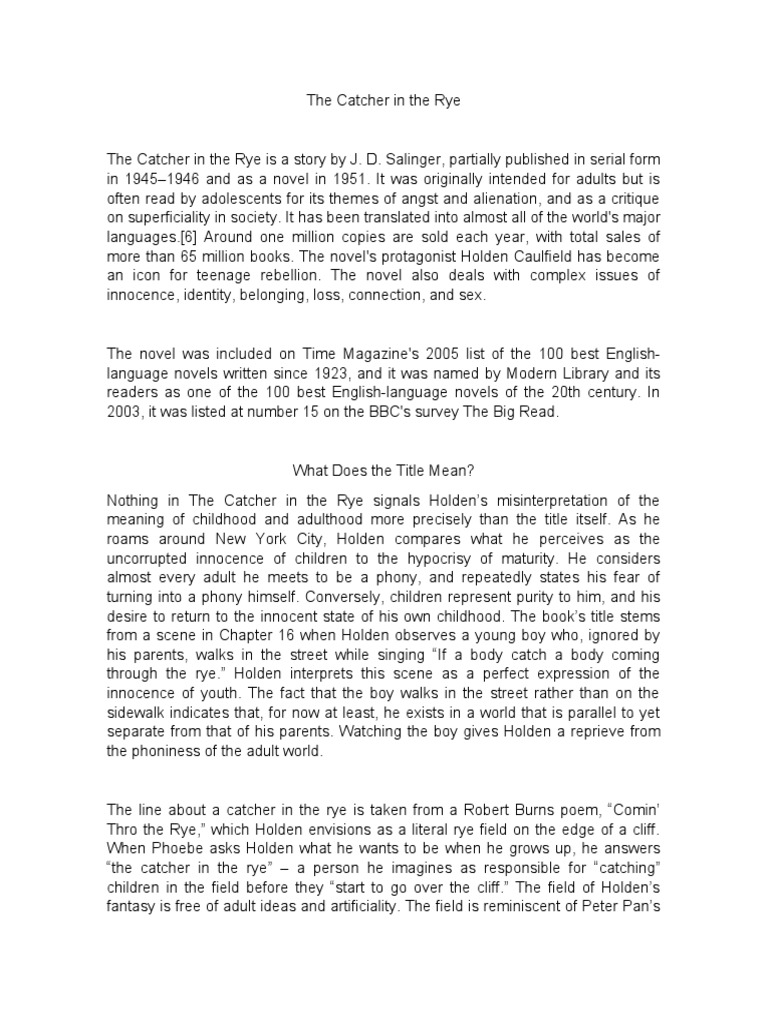 The Catcher in The Rye Essay | PDF | J. D. Salinger