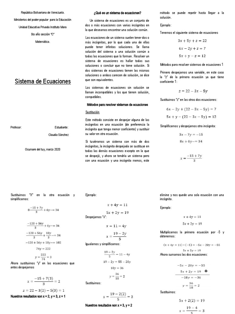 Triptico Sistema de Ecuaciones | PDF | Ecuaciones | Matemáticas Aplicadas