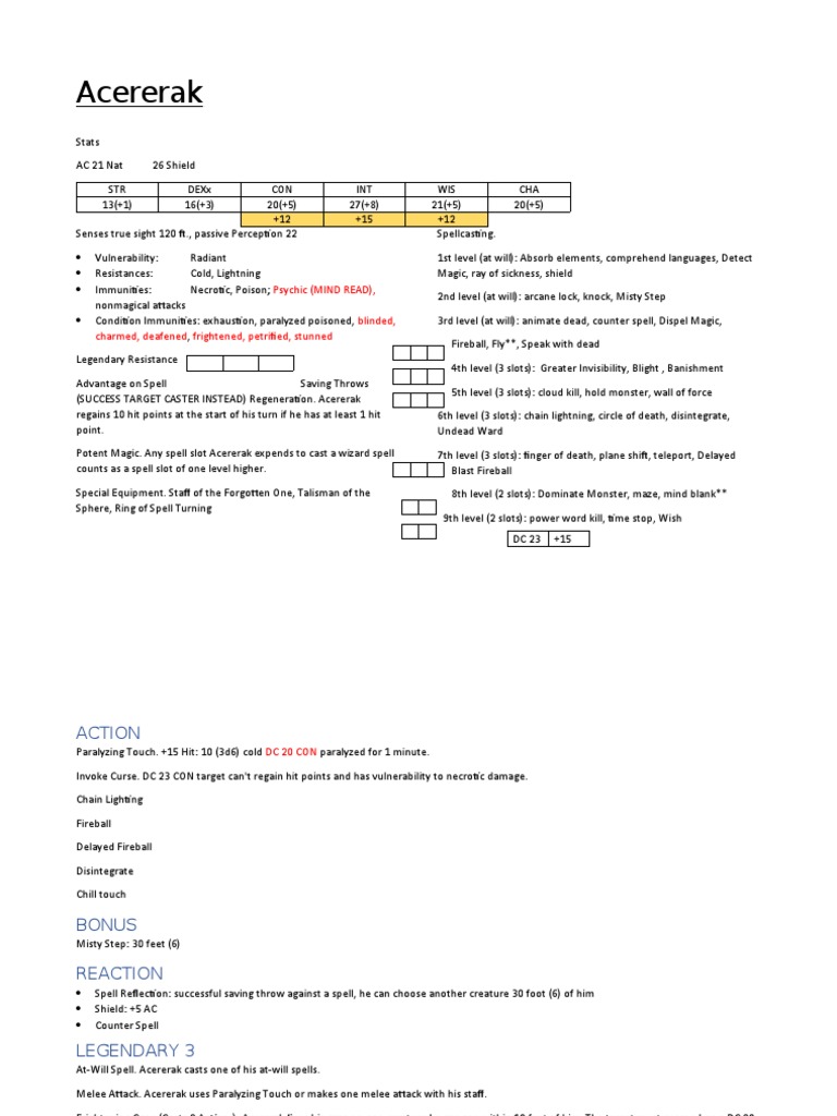 Acererak 5E Stat Block Overview | PDF | Fantasy | Leisure