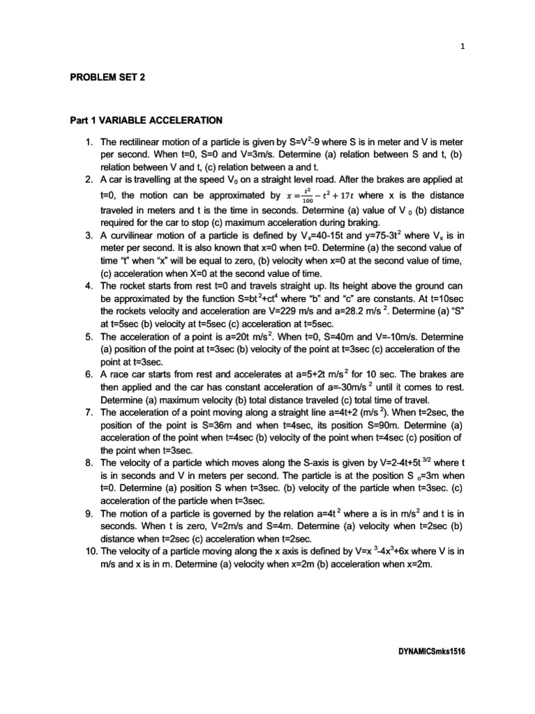 Problem Set 2 Dynamics Acceleration Velocity PDF | PDF | Acceleration | Velocity