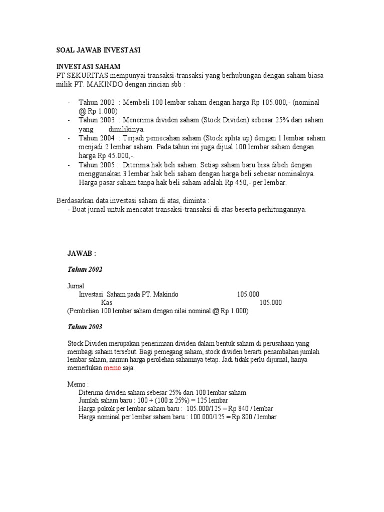 Jurnal dan Soal Investasi Saham | PDF