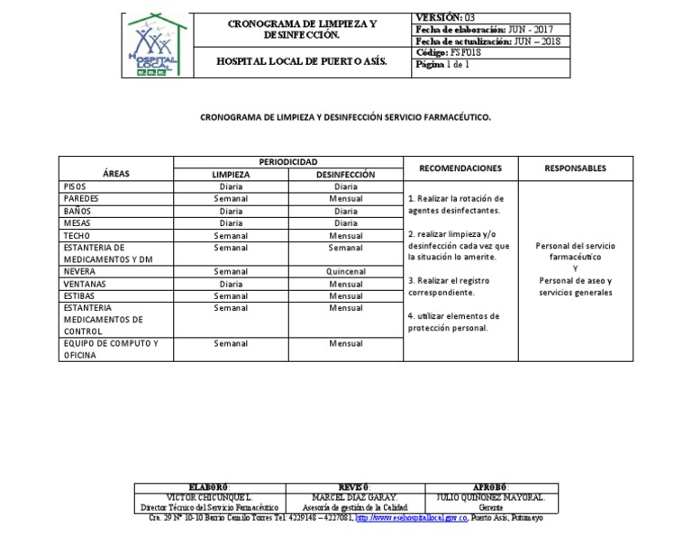Cronograma de Limpieza y Desinfeccion SANTANA 2017 | PDF | Farmacéutico ...