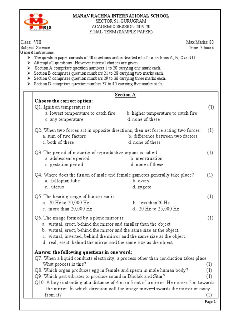 Grade 8 Science Sample Paper PDF | PDF | Mirror | Eye