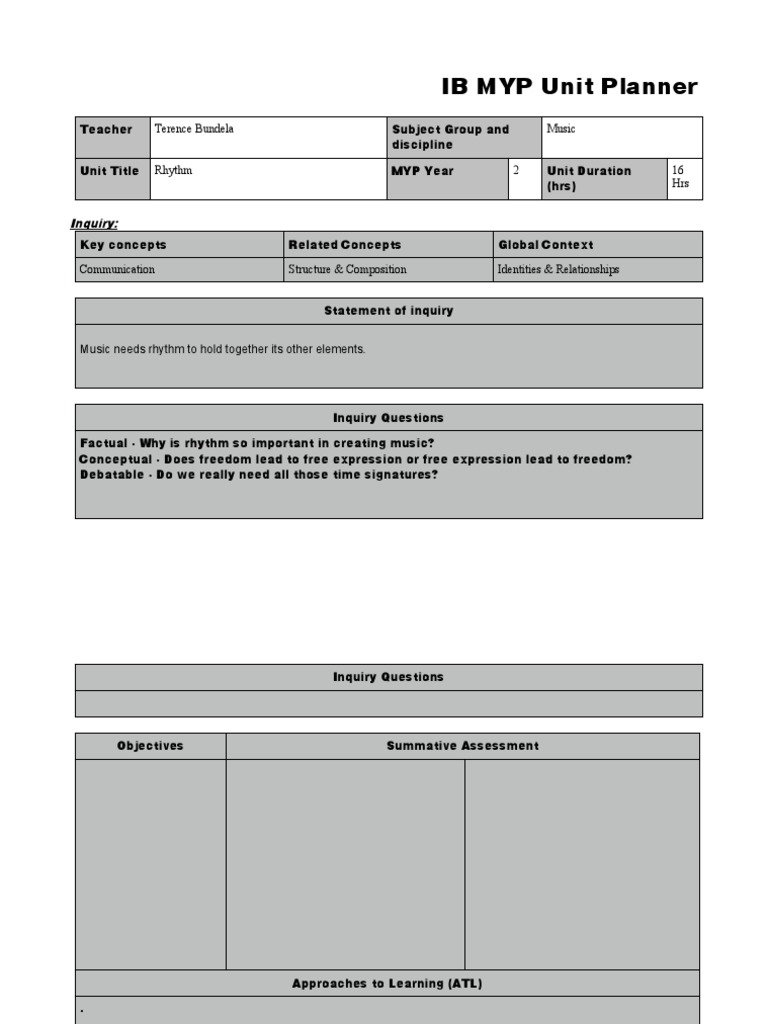 IB MYP - Unit Planner GRADE 7 | Download Free PDF | Rhythm | Learning