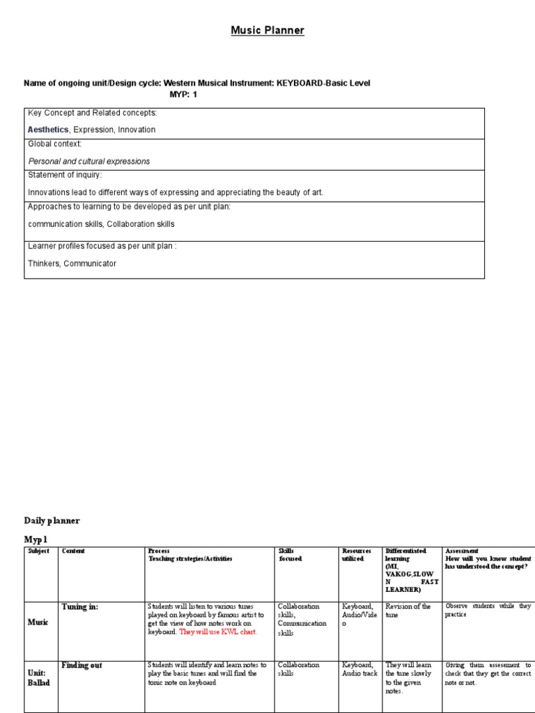 Music Planner Myp 1 | PDF | Learning | Cognitive Science
