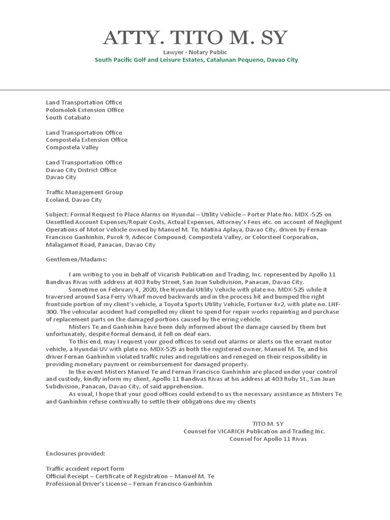 Rivas - Letter To LTO | PDF | Transport | Government Information